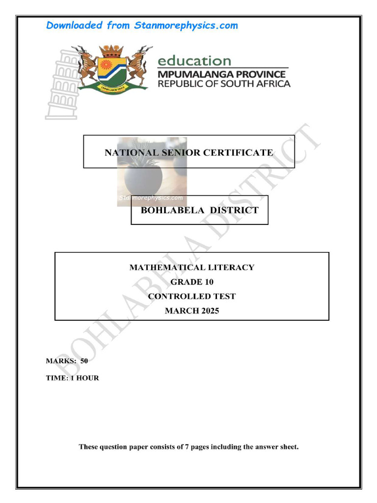 MP BON Maths Literacy Grade 10 March 2025 QP and Memo | PDF