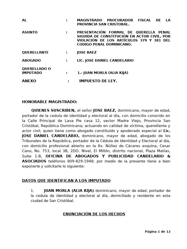 Querella Penal en Constitucion de Actor Civil, Por Robo Agrabado Art ...