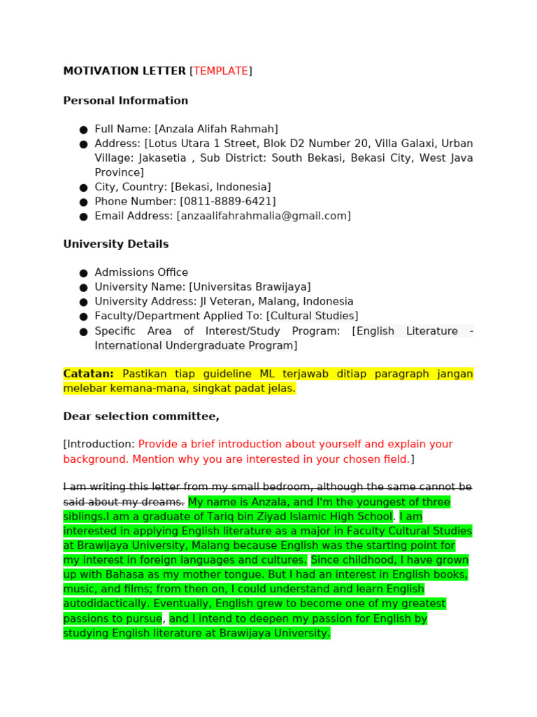 Resp To Draft Motivation Letter Anzala | PDF