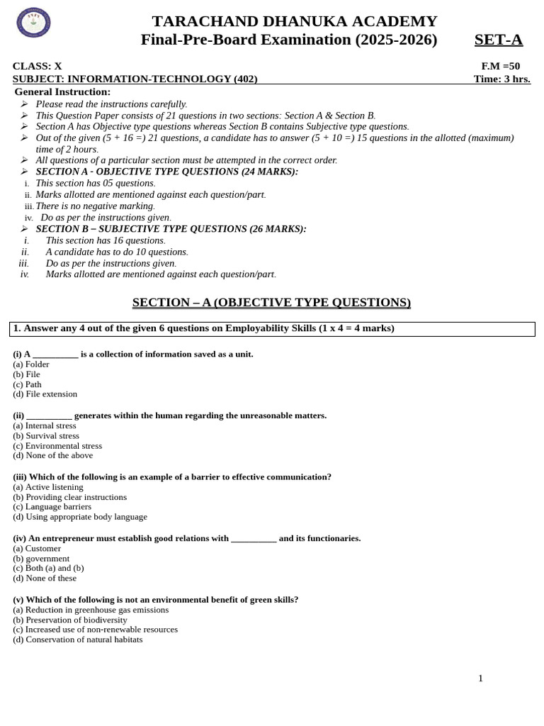 Class 10 It Final-Pre - Board Set-A | PDF | Databases | Microsoft Word