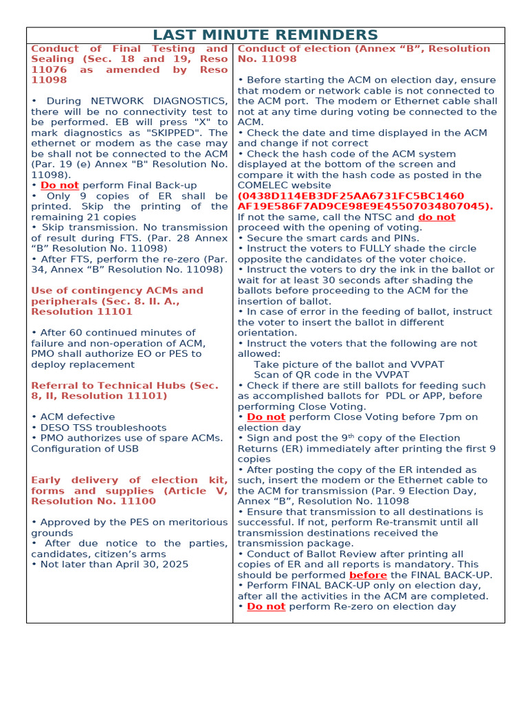Last Minute Reminders | PDF | Ballot | Computer Engineering