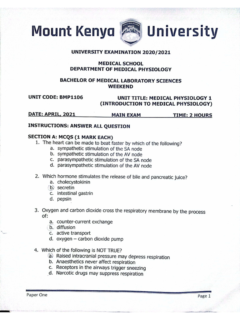 Past Papers Medical Physiology - 231003 - 182854 | PDF