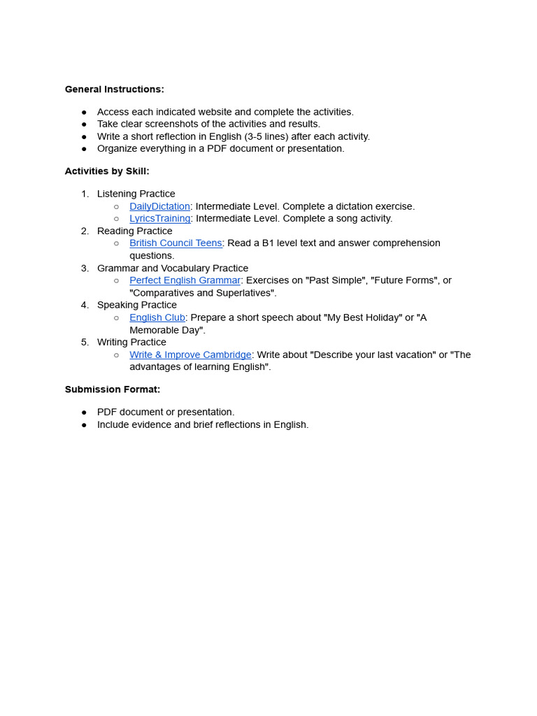 English Workshop #1 Online Resources To Practice Level 4 English | PDF