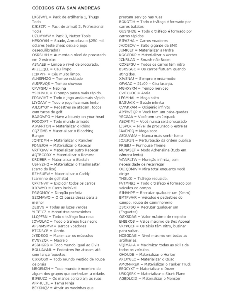 Códigos Gta San Andreas | PDF | Tráfego | Carro