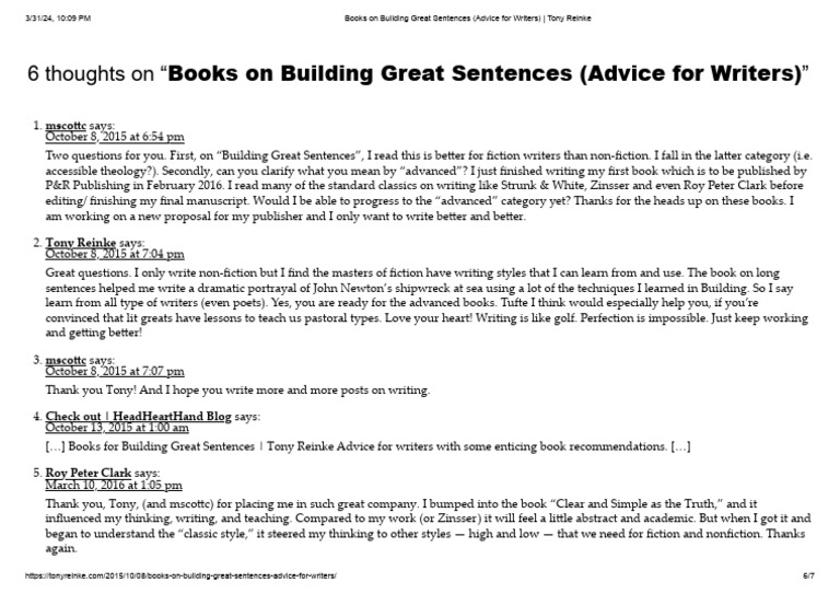 Books On Building Great Sentences (Advice For Writers) - Tony Reinke | PDF