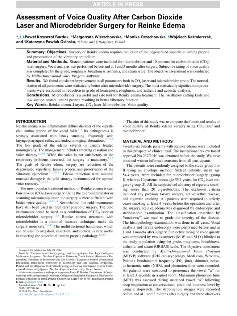 Assessment of Voice Quality After Carbon Dioxide Laser and Microdebrider Surgery For Reinke ...