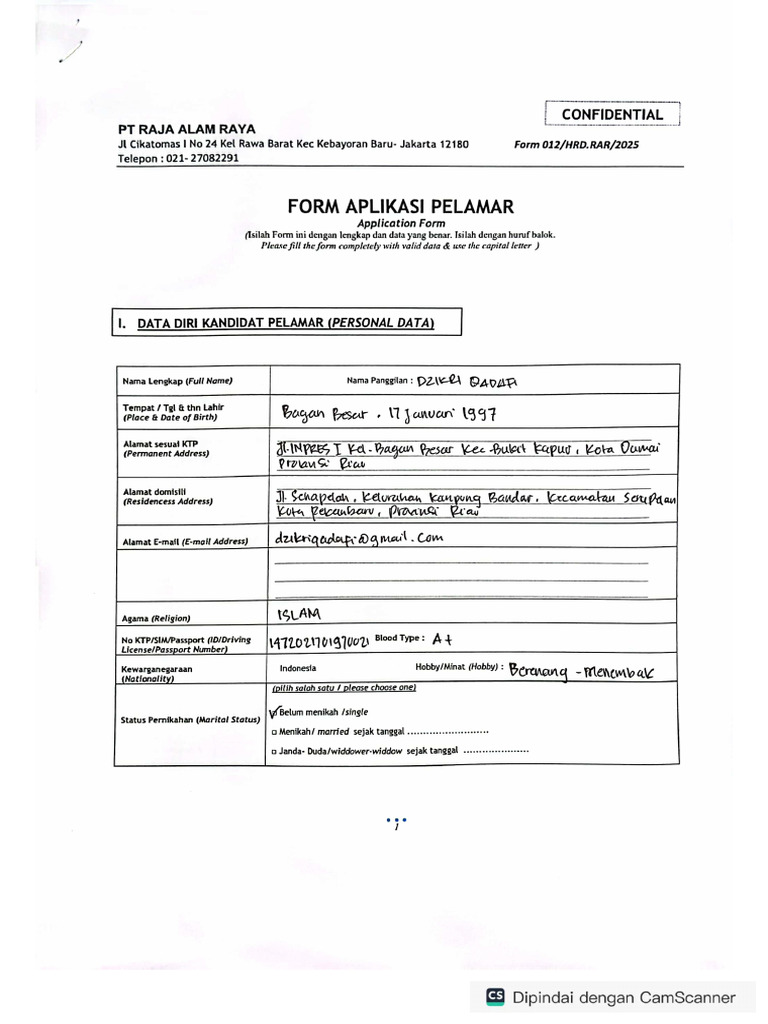 Form Aplikasi Pelamar - Dzikri Qadafi | PDF