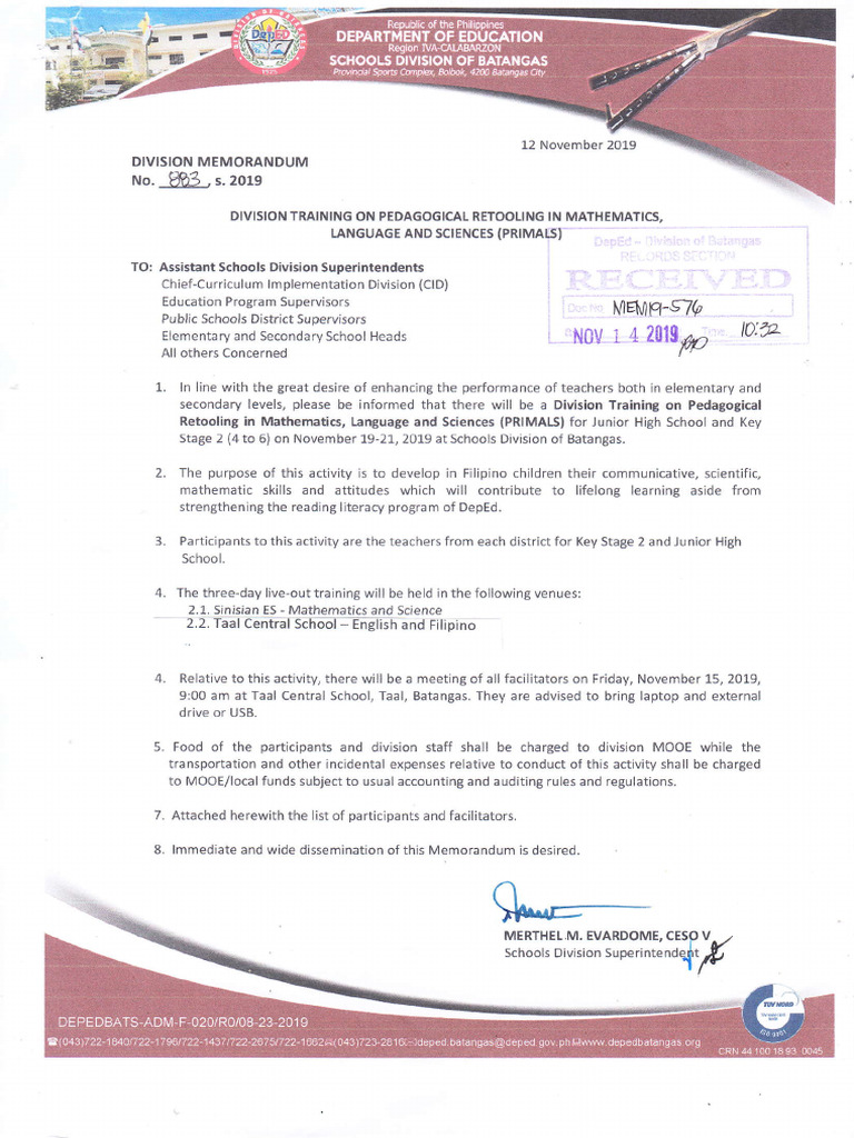 Division-Memorandum s2019 883 | PDF | Learning