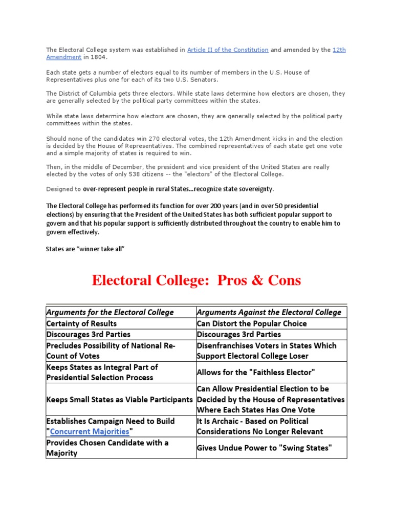 Electoral College System | PDF | Electoral College (United States ...