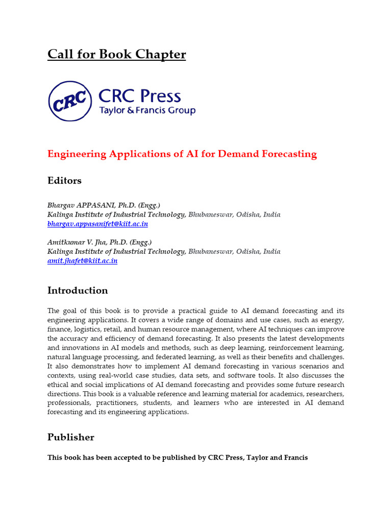 Call for Chapters_CRC | PDF | Forecasting | Artificial Intelligence
