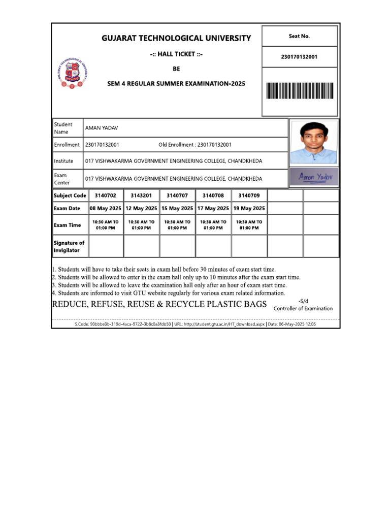 Sem - 4 Gtu Admit Card | PDF