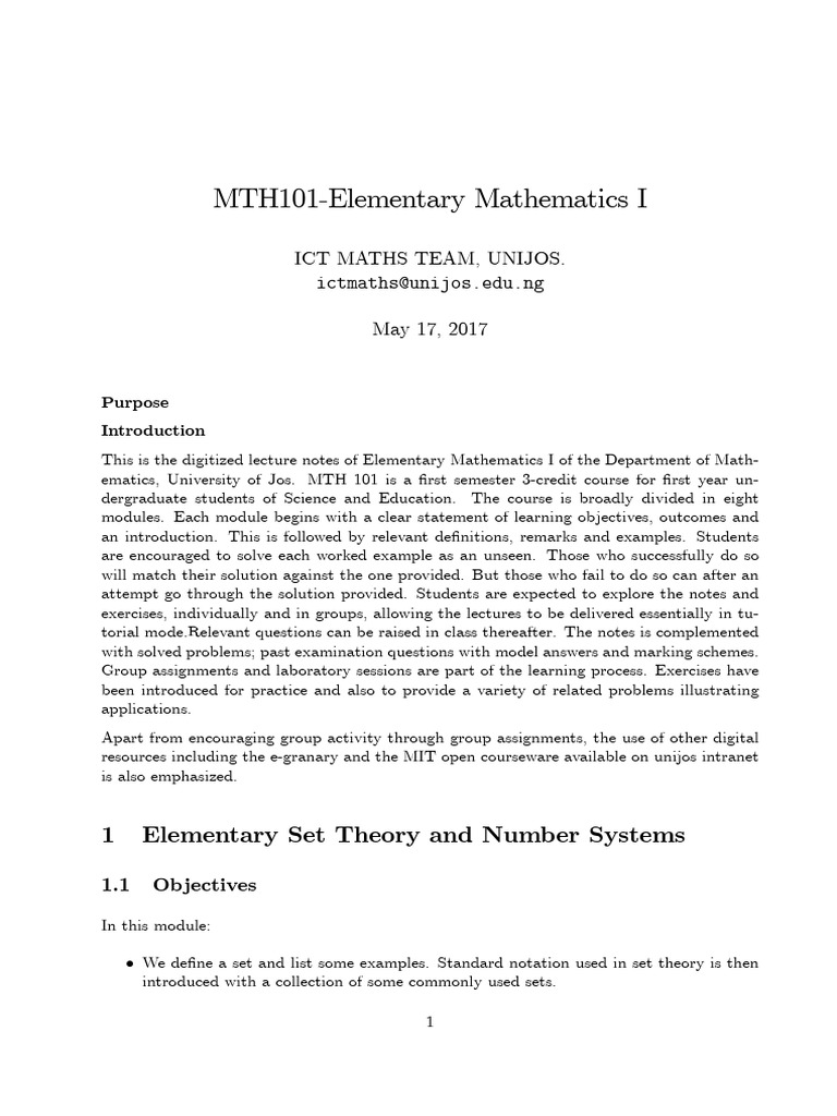 MTH101 2017version-1 | PDF | Set (Mathematics) | Mathematics