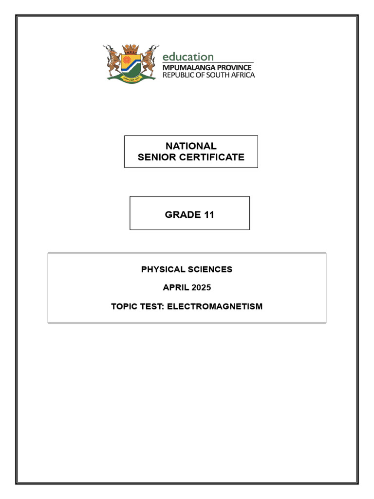 Grade 11 Electromagnetism Test Paper | PDF | Inductor | Electromagnetic ...
