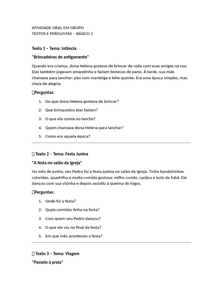 Atividade Oral: Textos e Perguntas | PDF