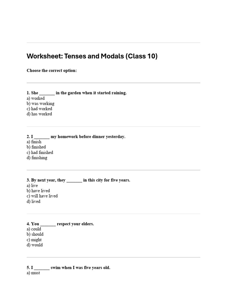 Tenses and Modals Worksheet for Class 10 | PDF