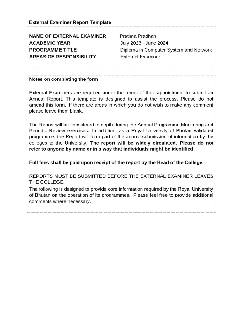 External Examiner Report Template 2023 | PDF | Learning | Curriculum