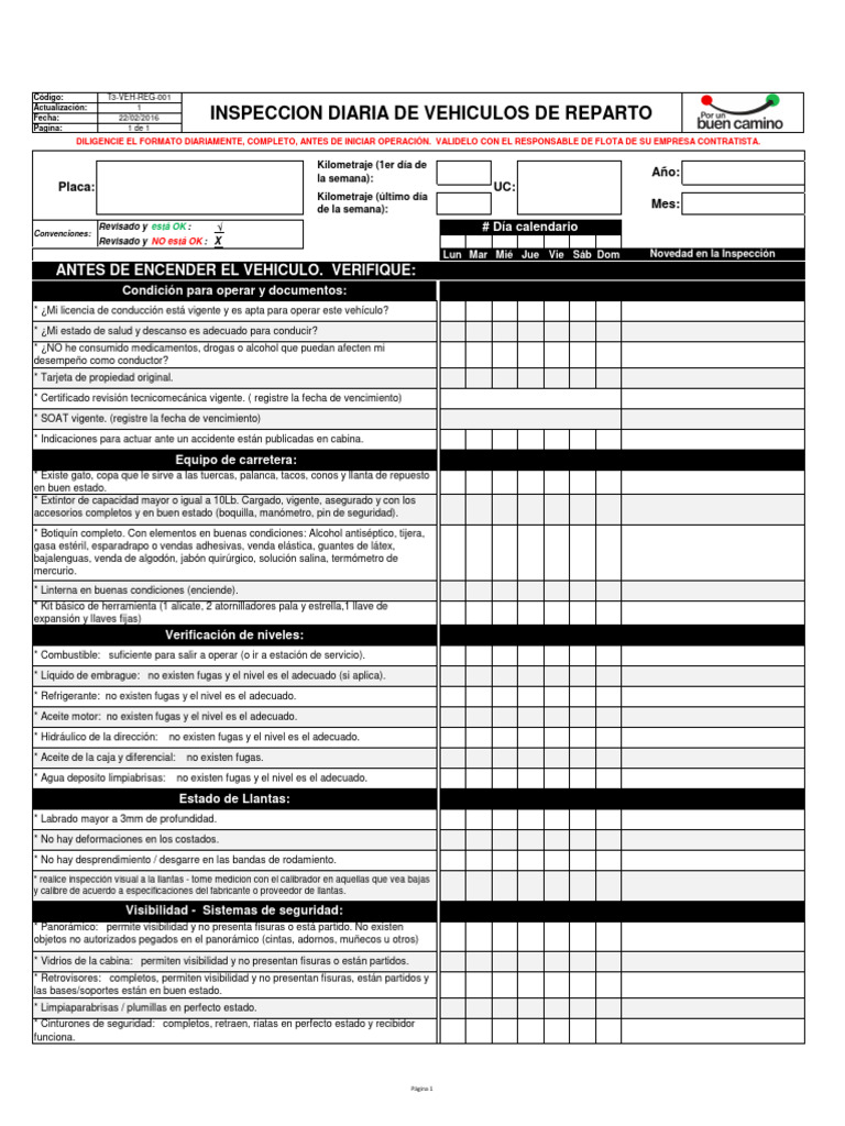 Checklist Preoperacional T3-VEH-REG-001 - 06032016 | PDF | Tecnologías automotrices | Estilos de ...