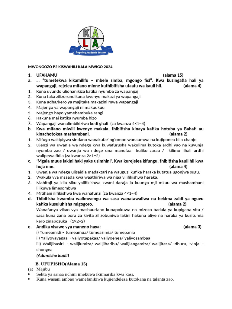 Mwongozo p2 Kiswahili Kala Mwigo 2024 | PDF
