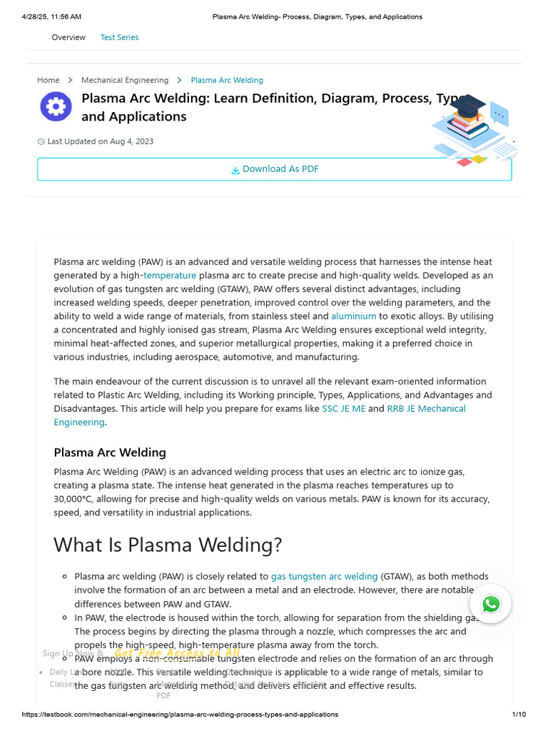 Unit I I Plasma Arc Welding- Process, Diagram, Types, And Applications | PDF | Welding ...