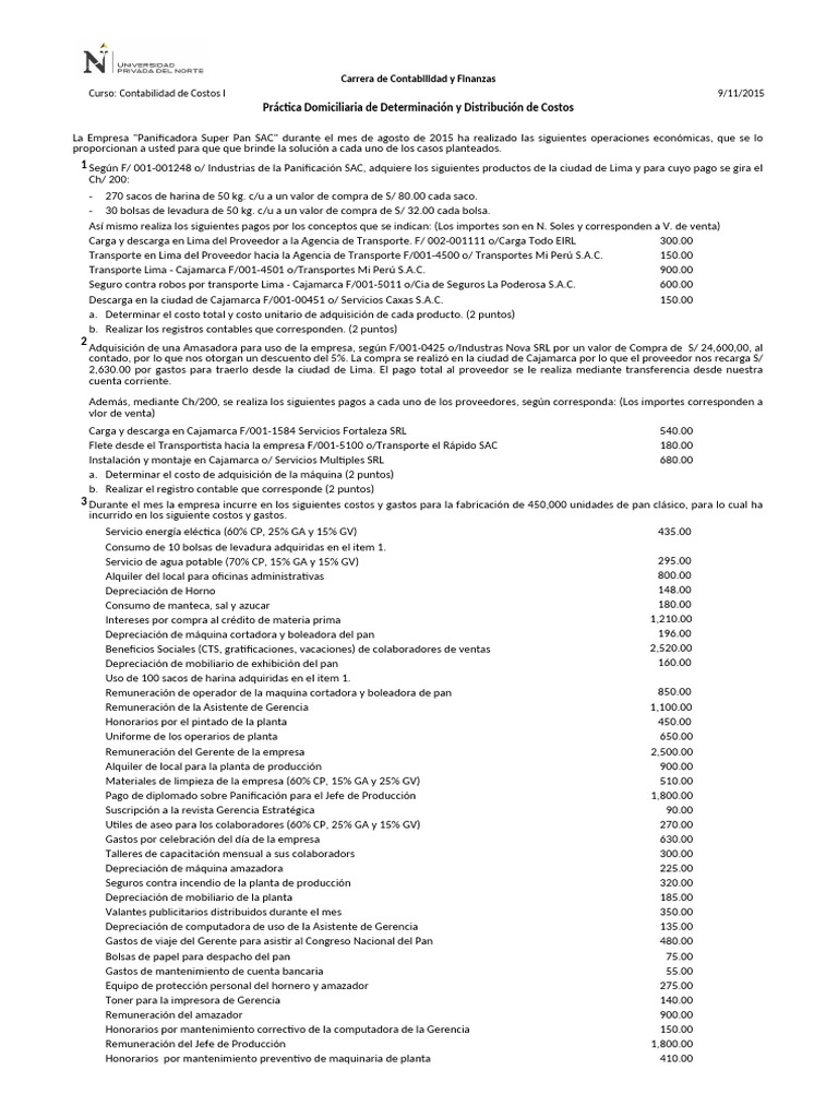 P1 Contabilidad de Costos 1 | PDF | Panes | Depreciación