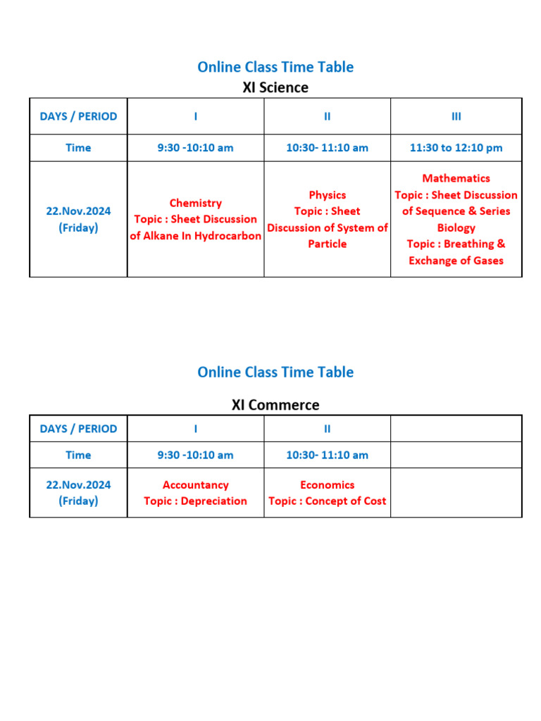 Class XI Online Class Time Table | PDF