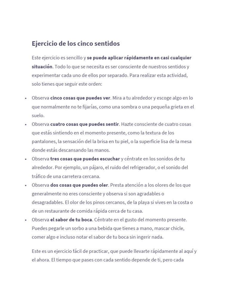 Ejercicio de los cinco sentidos | PDF