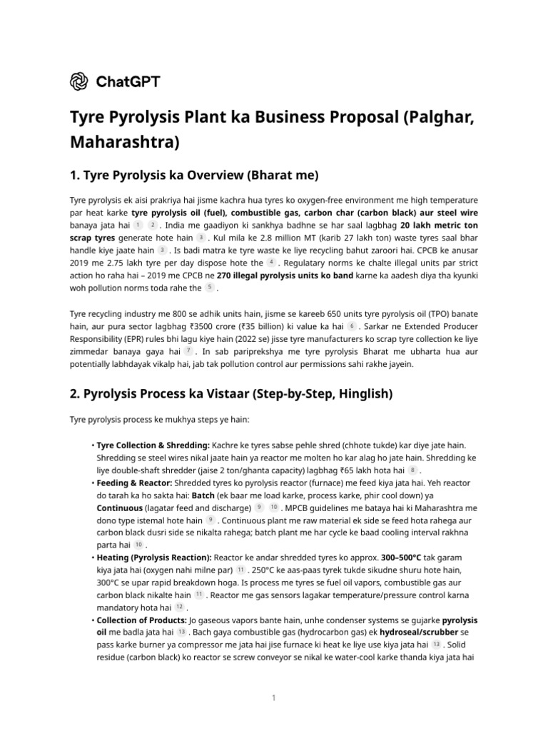 Tyre Pyrolysis Plant Ka Business Proposal (Palghar, Maharashtra) | PDF | Pyrolysis | Combustion