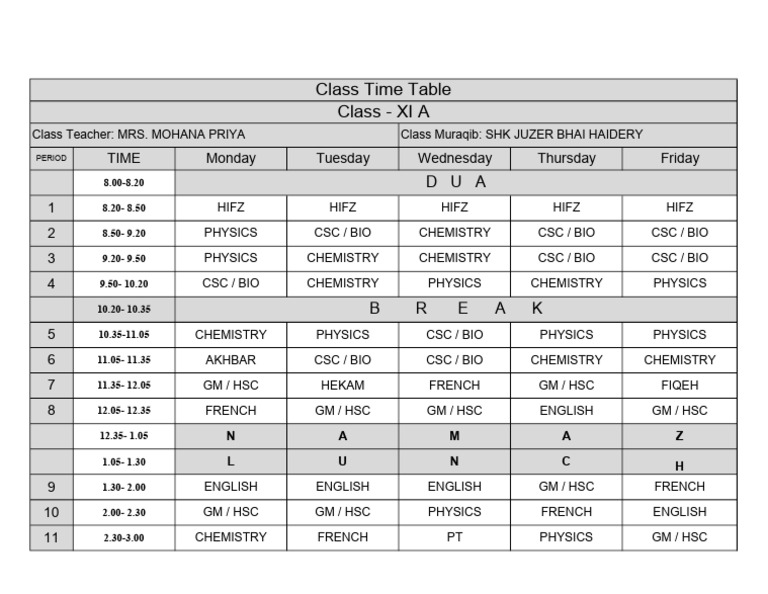 Xi A - Timetable | PDF