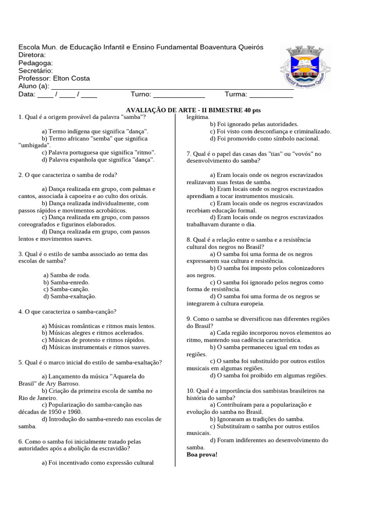 Avaliação Nono Ano Ano B. Q | PDF