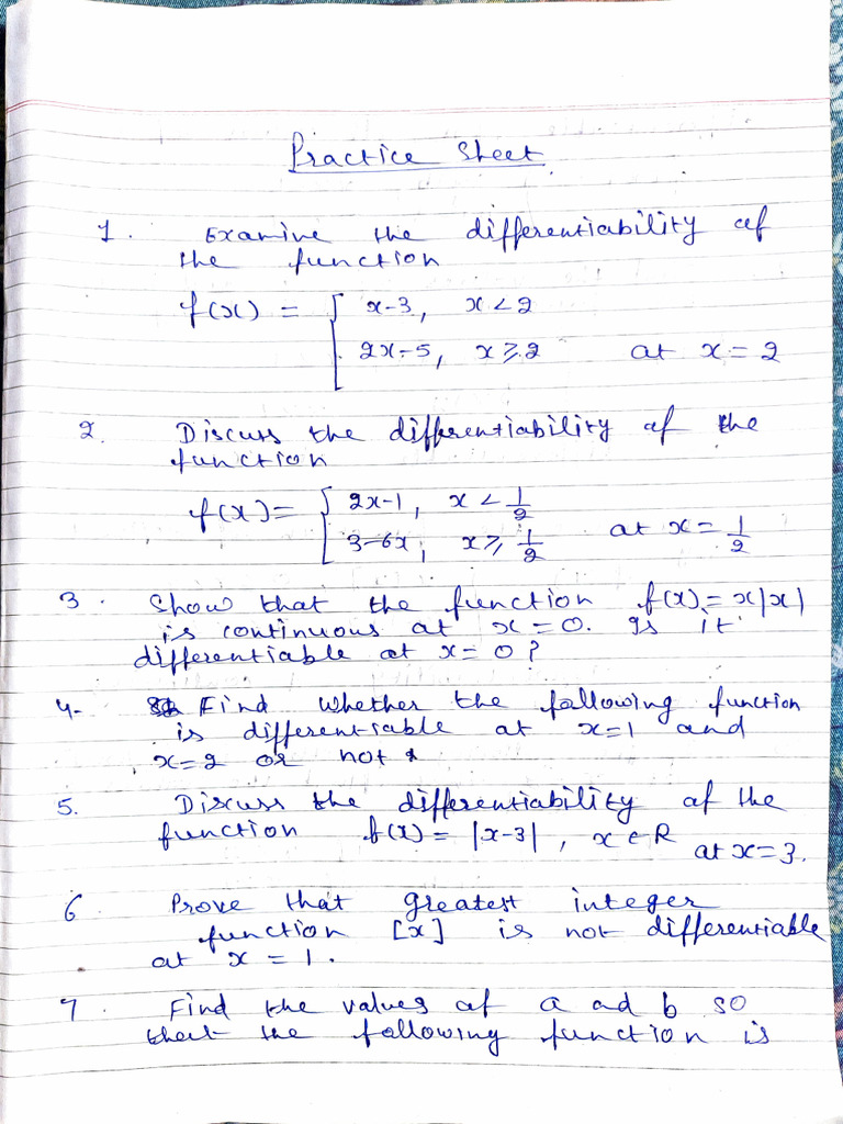 Practice Sheet Differentiability | PDF