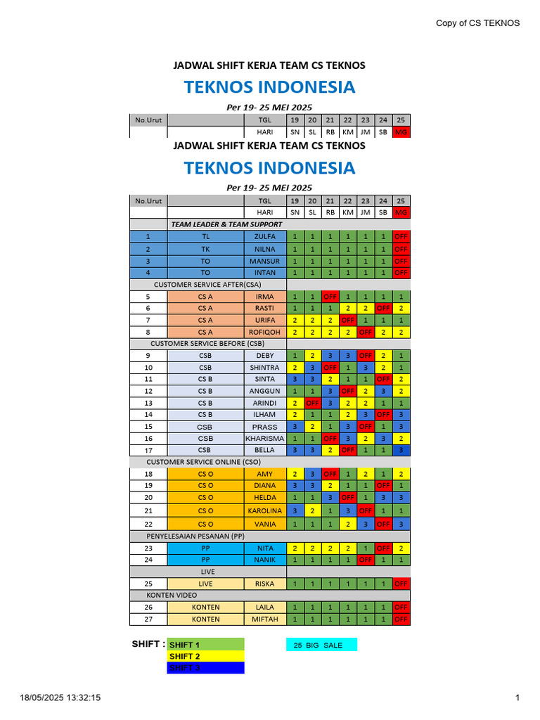 Jadwal 18-25 Mei 2025 - Bigsale - Copy of Cs Teknos | PDF