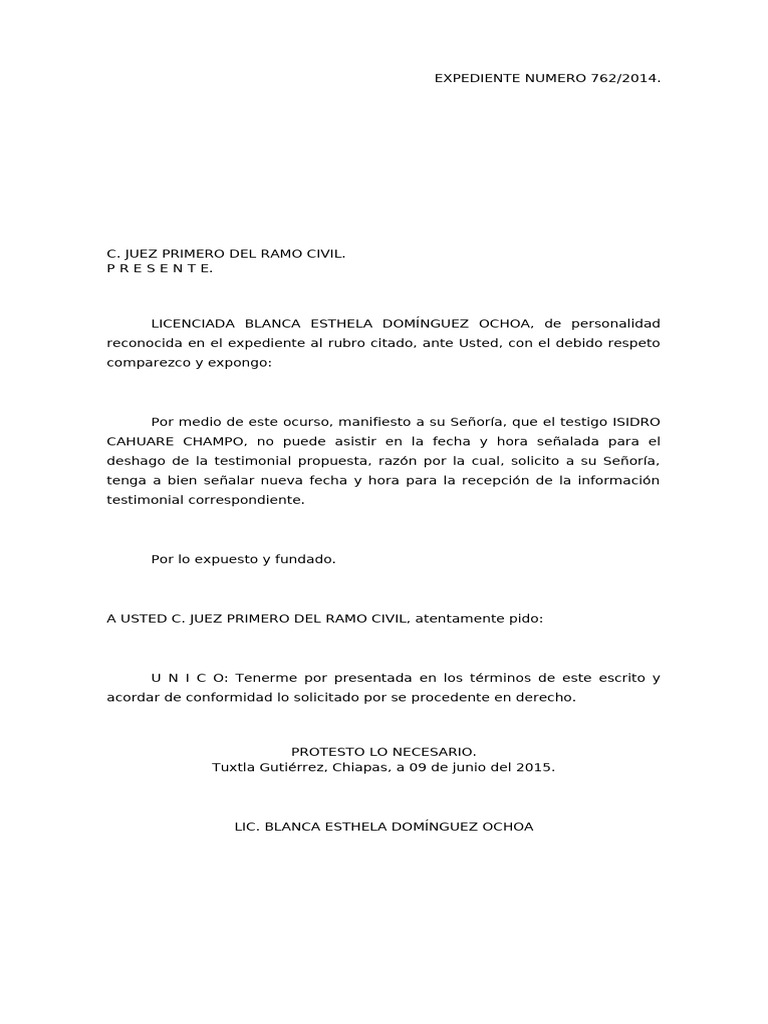 Escrito Solicitando Nueva Fecha Exp 762-2014 | PDF