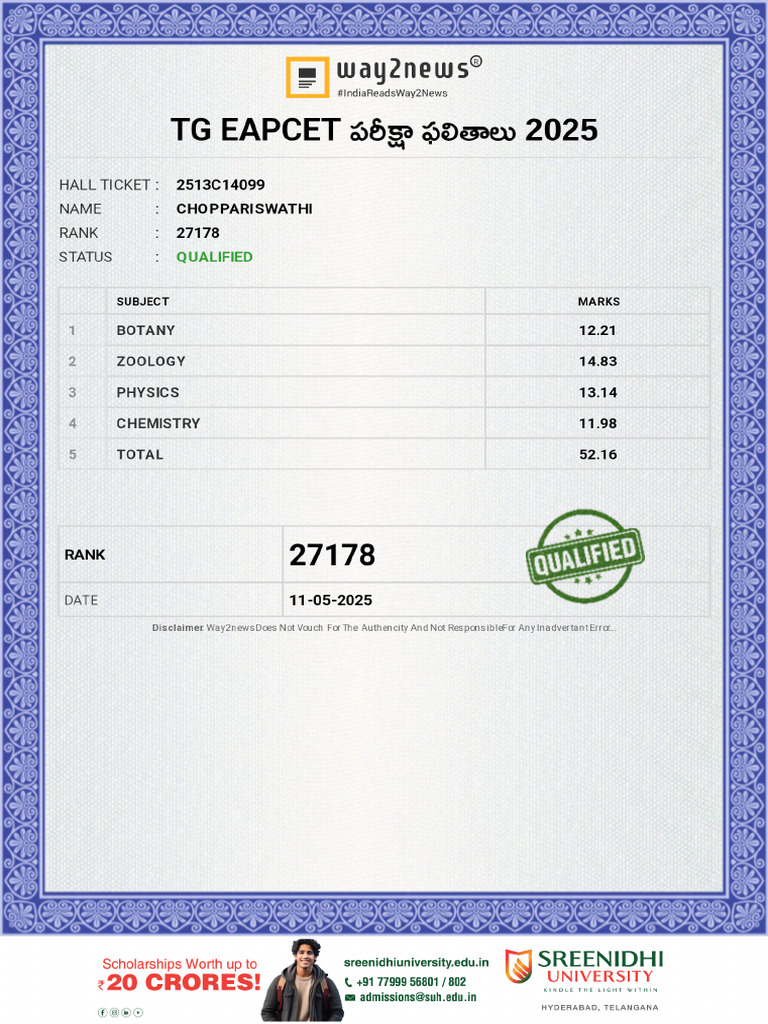 2513C14099 Tg Eapcet Marks Memo | PDF