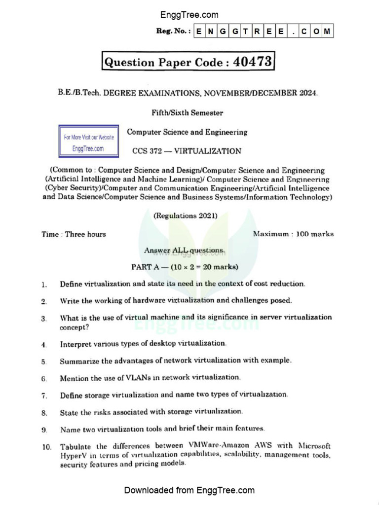 CCS372 Virtualization Nov Dec 2024 Question Paper Download | PDF