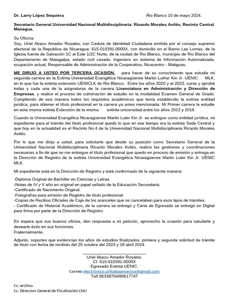 Solic. TP - UNRMA Managua. Uriel Abc. | PDF | Nicaragua