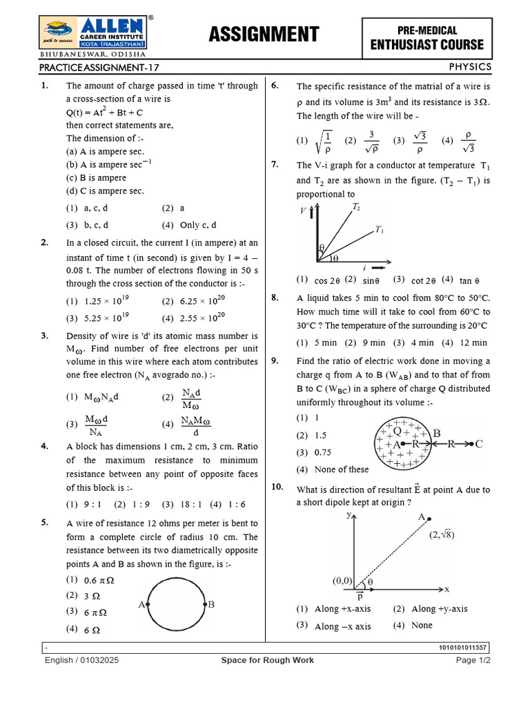 Phy Practice Assignment#17 SC | PDF | Electrical Conductor | Sun