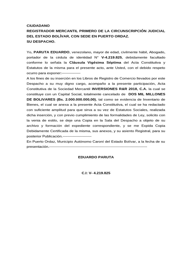 Acta Constitutiva Inversiones R & R | PDF | Dividendo | Alimentos