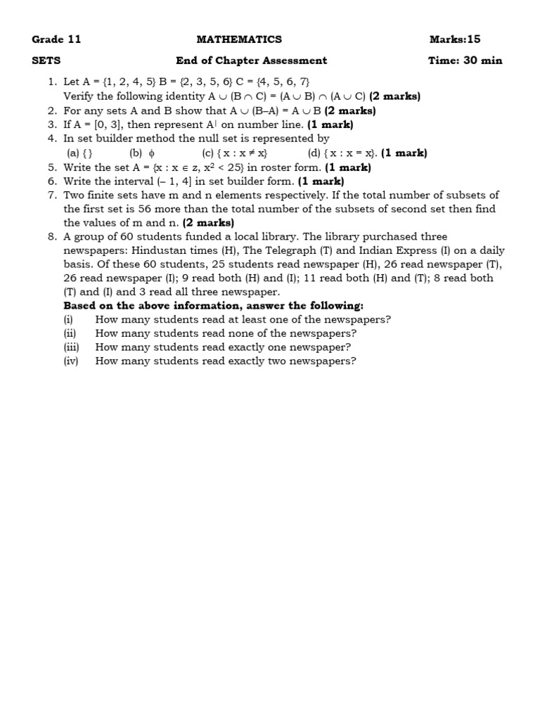 Math Chapter 1 SETS End of Chapter Test | PDF