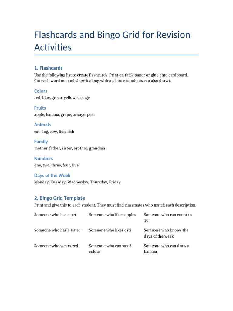 Flashcards and Bingo Grade4 | PDF