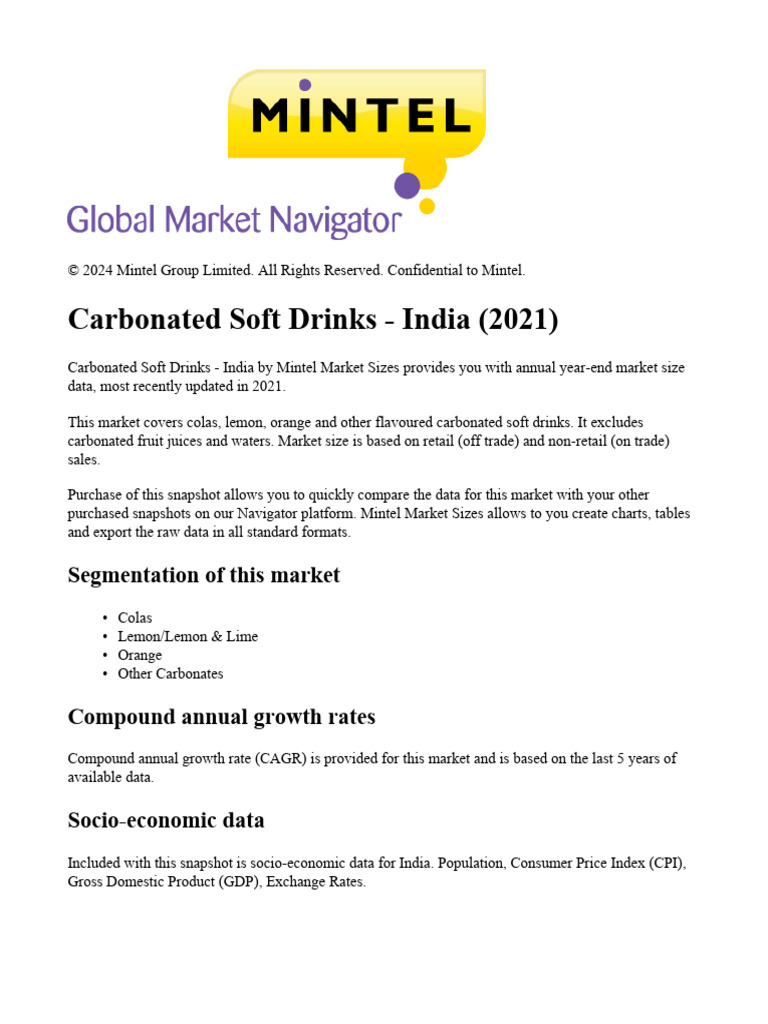 Mintel Market Sizes Carbonated Soft Drinks - India (2021) | PDF