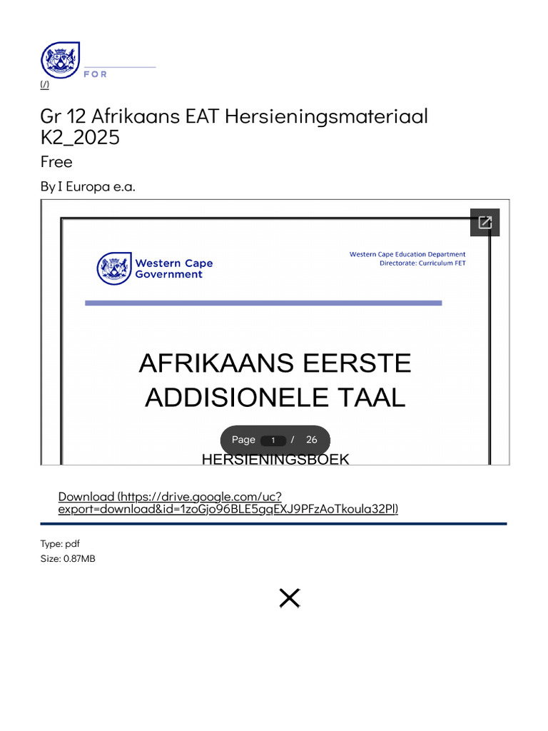 GR 12 Afrikaans EAT Hersieningsmateriaal K2 - 2025 - WCED EPortal | PDF