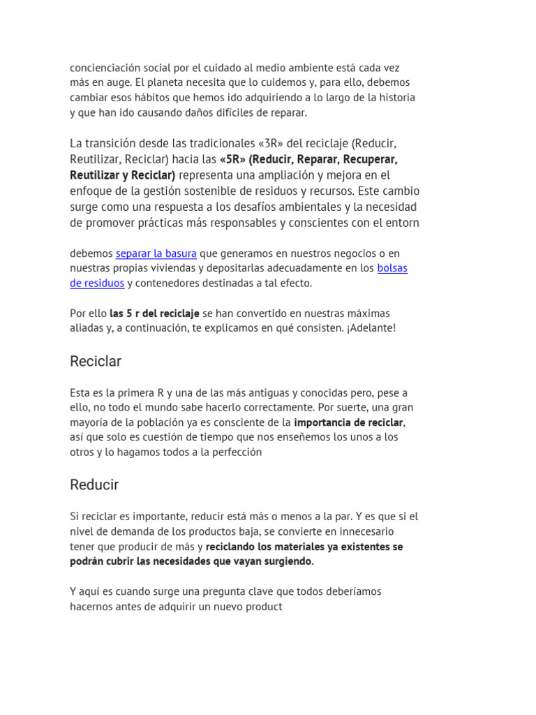 Reciclar: 5R (Reducir, Reparar, Recuperar, Reutilizar y Reciclar) | PDF ...
