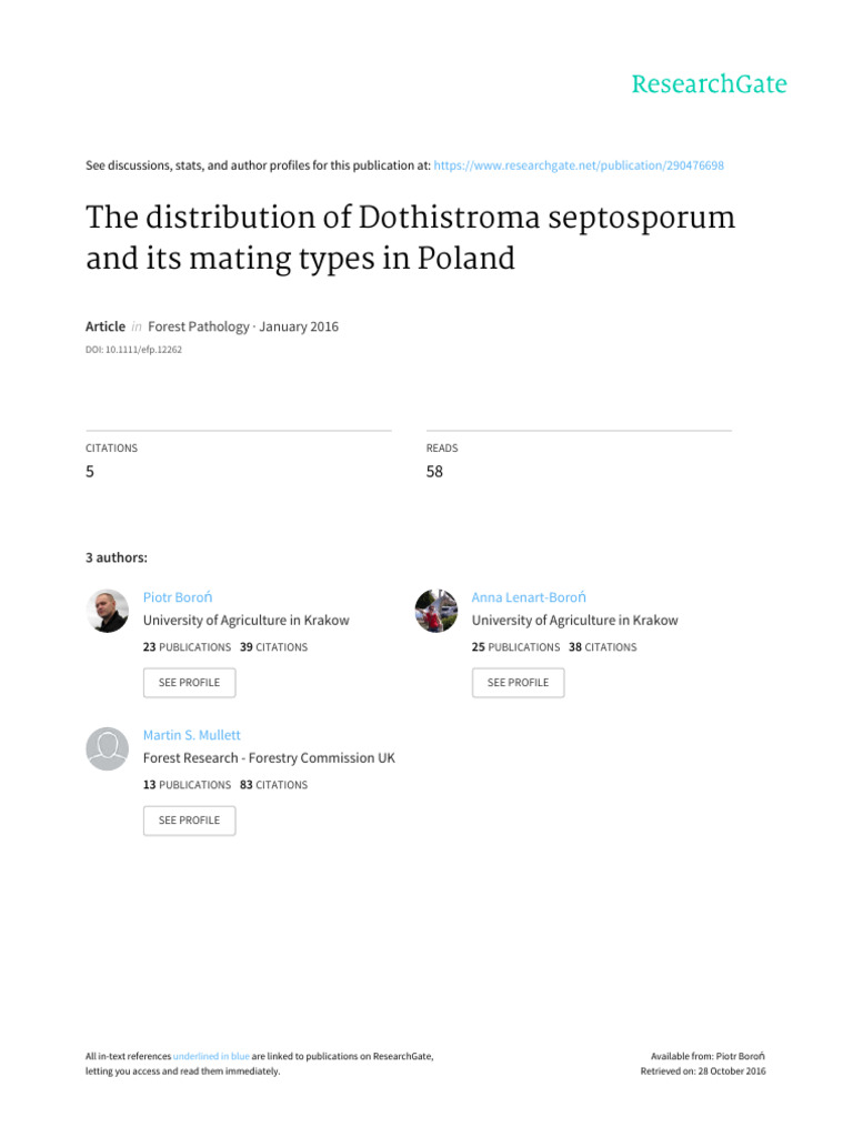The Distribution of Dothistroma Septosporum and Its Mating Types in ...