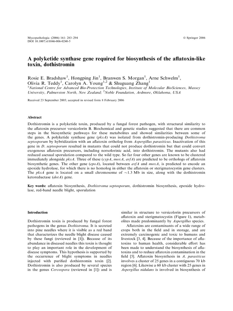 A Polyketide Synthase Gene Required For Biosynthesis of The Aflatoxin-Like Toxin, Dothistromin ...