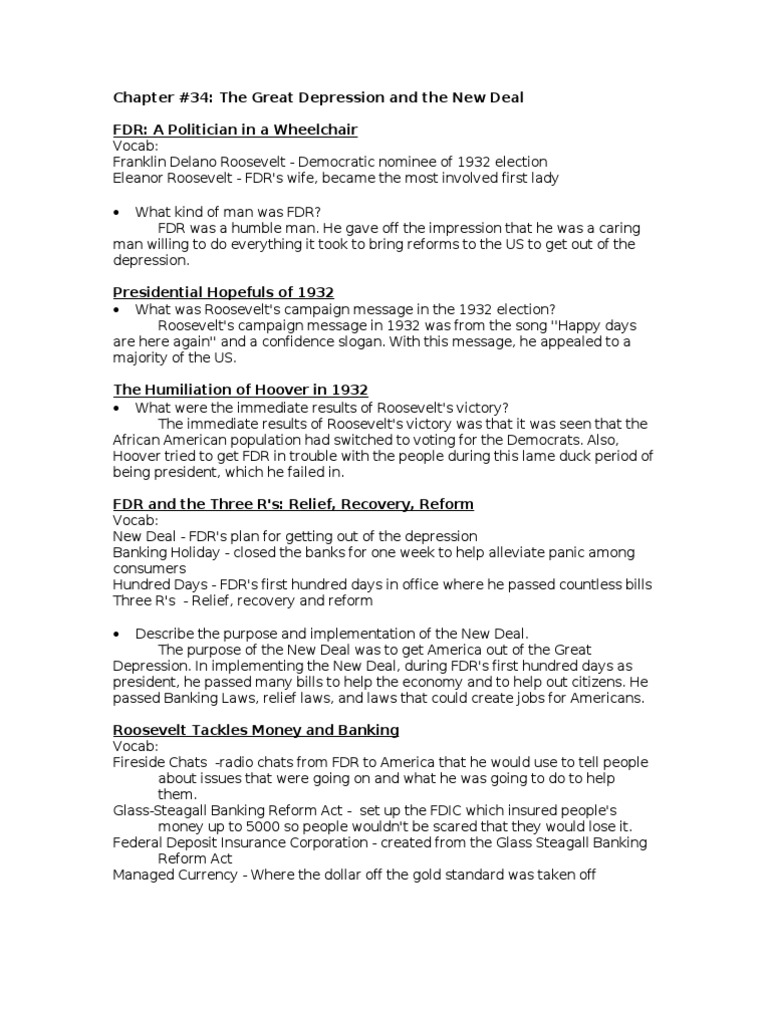 Chapter 34 Study Guide | PDF | Franklin D. Roosevelt | New Deal