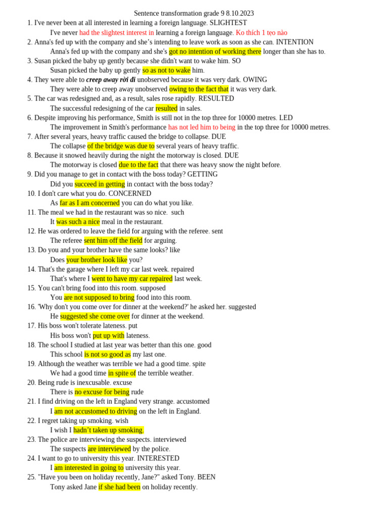 Sentence Transformation Exercises for Grade 9 | PDF