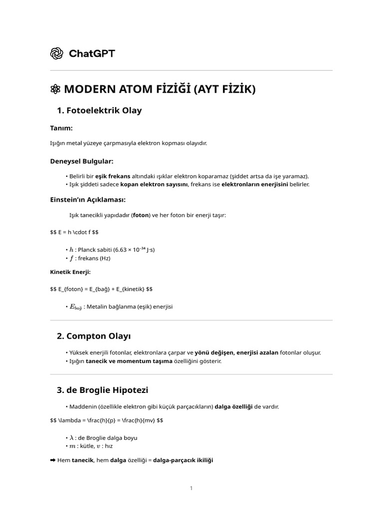 Modern Atom Teorisi - AYT Fizik Konu Anlatımı | PDF