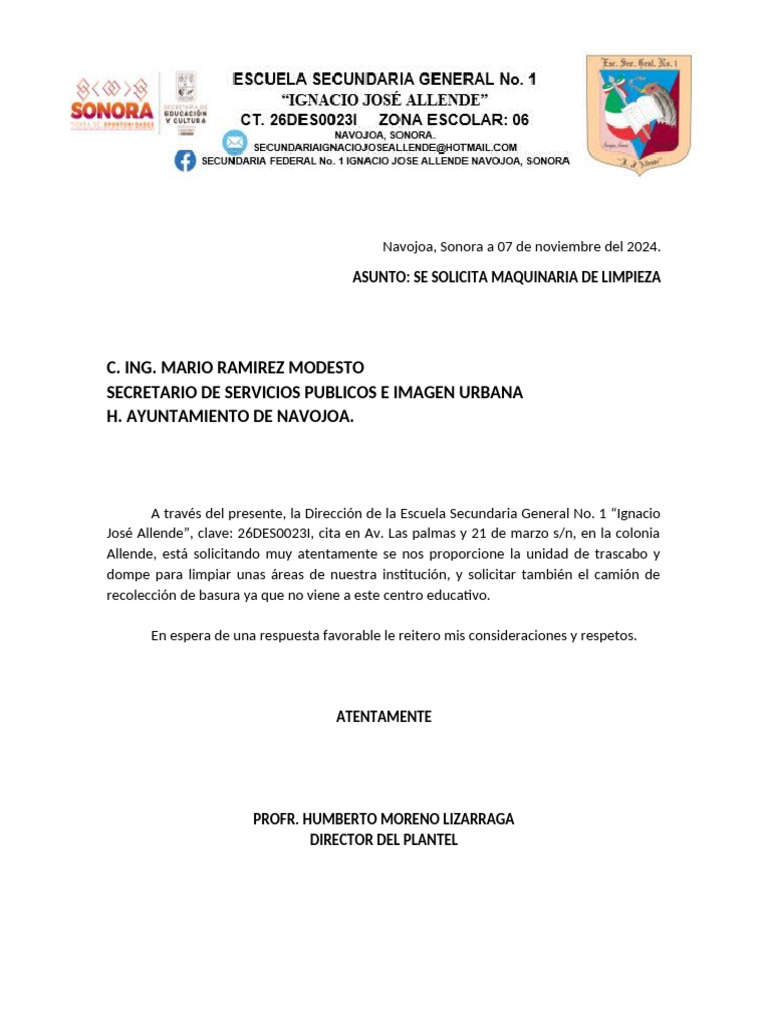 Asunto Solicitud de Unidad de Trascabo Ayuntamiento 7 de Noviembre 2024 ...