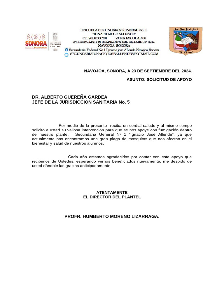 Oficio Solicitud Fumigacion 2024 - 2025 | PDF