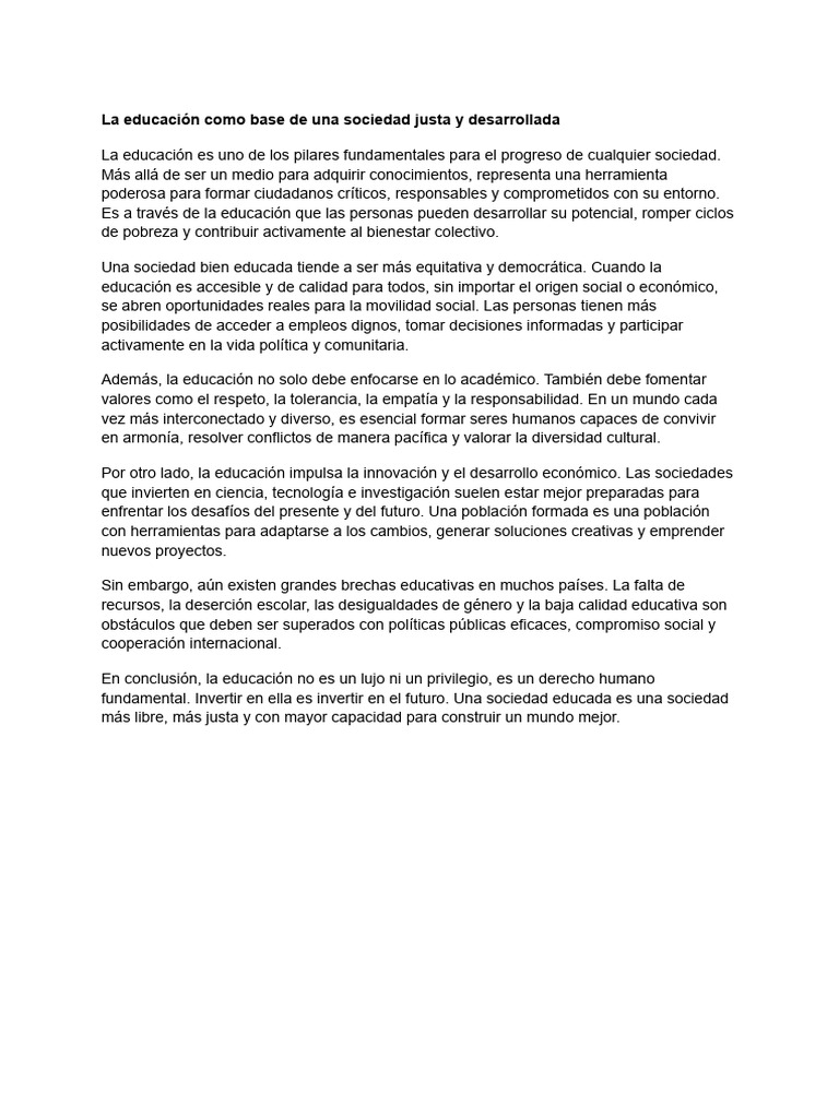 La Educación Como Base de Una Sociedad Justa y Desarrollada | PDF